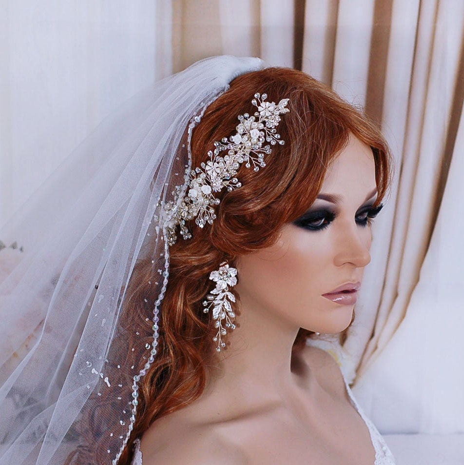 Rose Gold Or Silver Bridal Hair Wreath Vine Headpiece Etsy