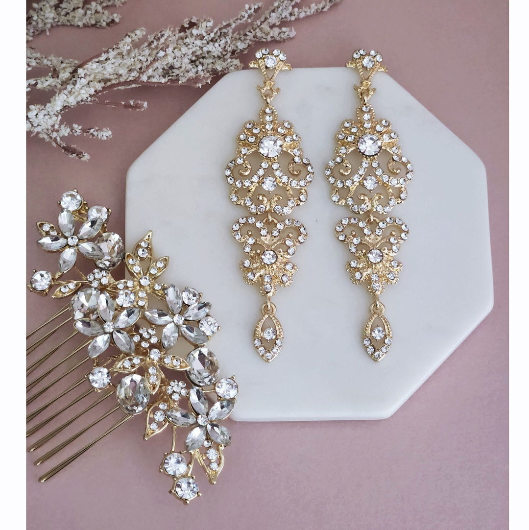 Jewelry Set Gold Head Piece Silver Hair Comb Matching Chandelier ...