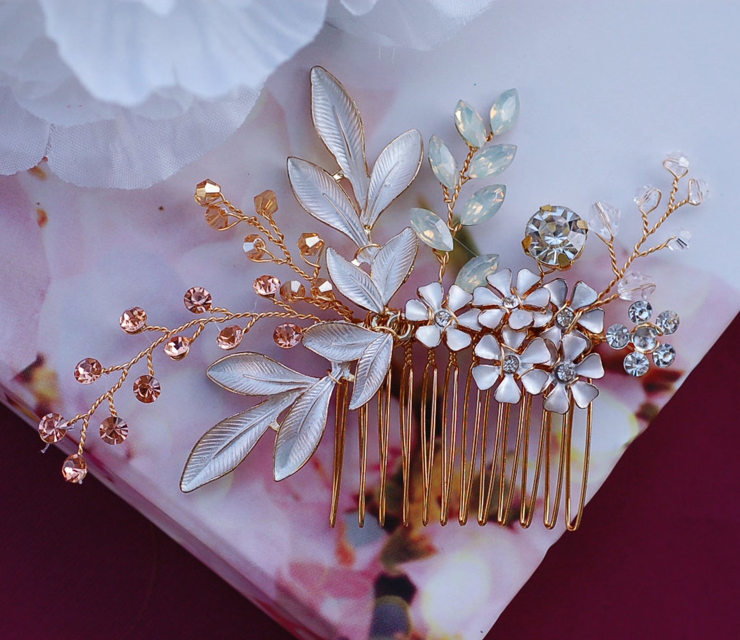 Rose Gold or Silver Hair Comb Piece Brides Party Opal Champagne Wedding ...