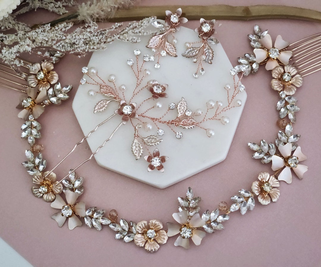 Gold Matching Jewelry Set Rose Gold Hair Pin Earrings Wedding Jewelry ...