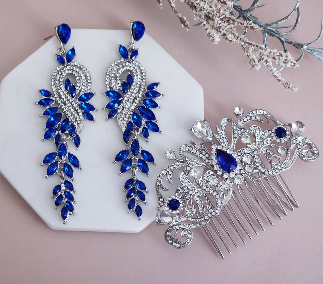 Gold Hair Comb Silver Blue Head Piece Matching Jewelry Set Chandelier ...