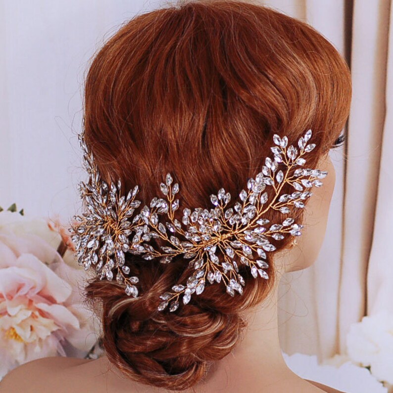 Gold or Silver Bridal Hair Wreath Wedding Headpiece Party Vine Crystal ...