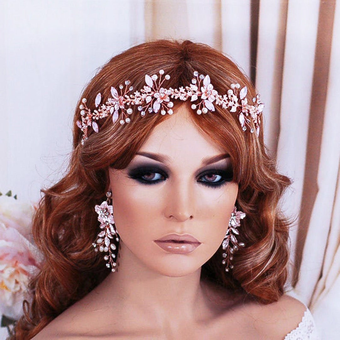Rose Gold Bridal Hair Piece Vine Wedding Headpiece Pink Opal Etsy