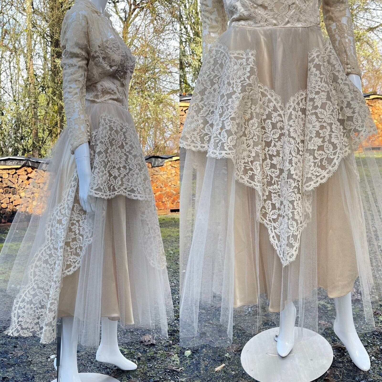 Vintage 1950s Champagne Tulle Wedding Dress Shelf Bust Lace - Etsy
