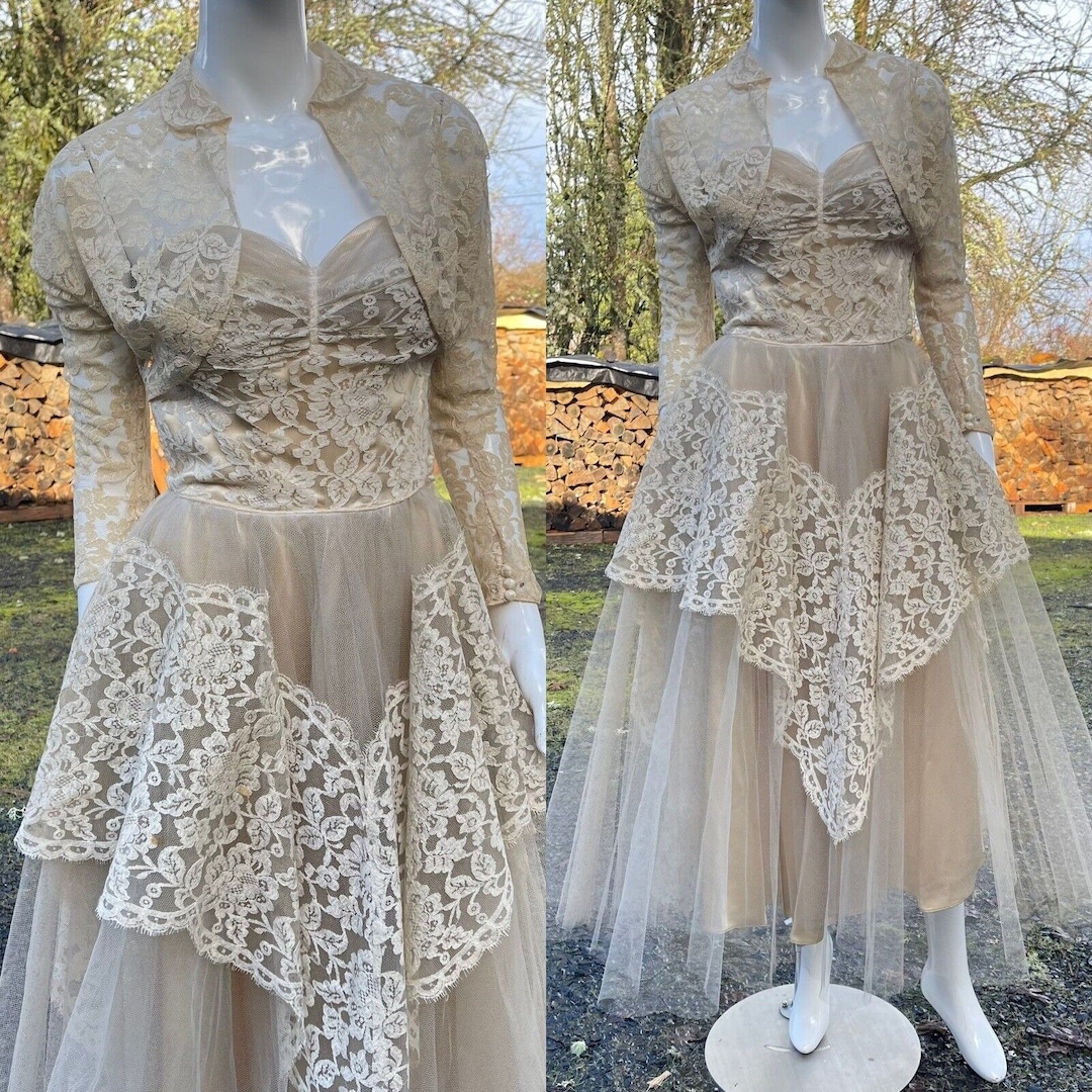 Vintage 1950’s Champagne Tulle Wedding Dress Shelf Bust Lace Bolero XXS ...