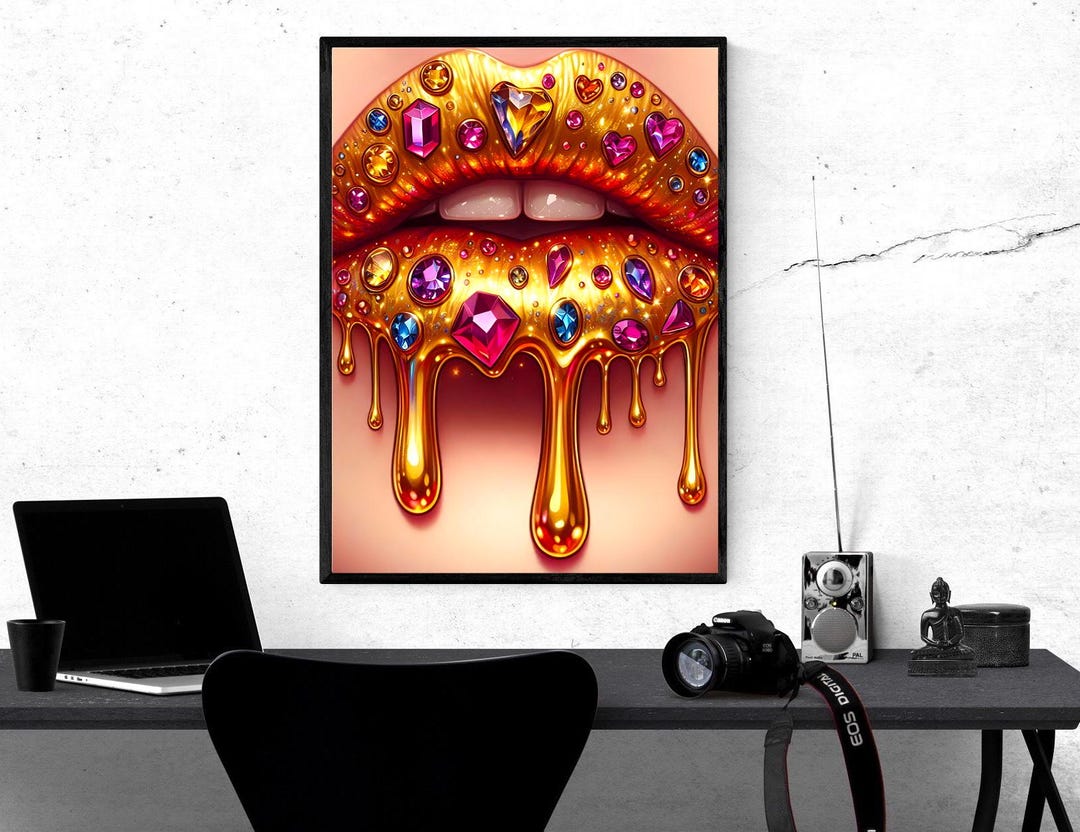 Gold Lips, Bejewelled Lips, Dripping Lips Poster, Gold Dripping Lips ...