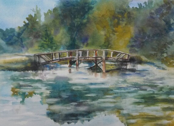 Bridge over pond original watercolor painting | Etsy