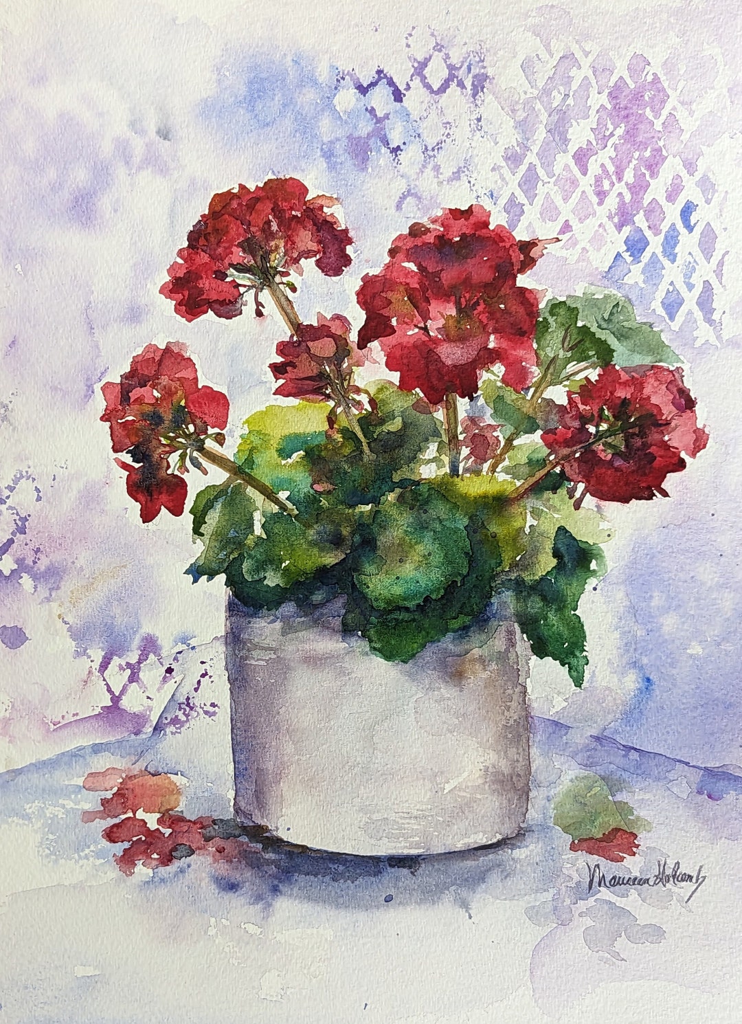 Beautiful Potted Red Geranium is an Original Watercolor Measuring 14x11 ...
