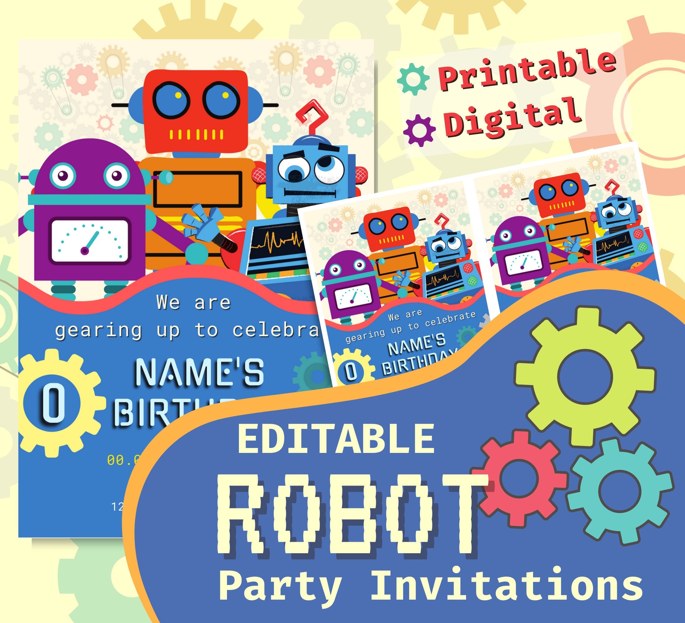 EDITABLE Printable and Digital ROBOT Kids' Party Invitations - Etsy