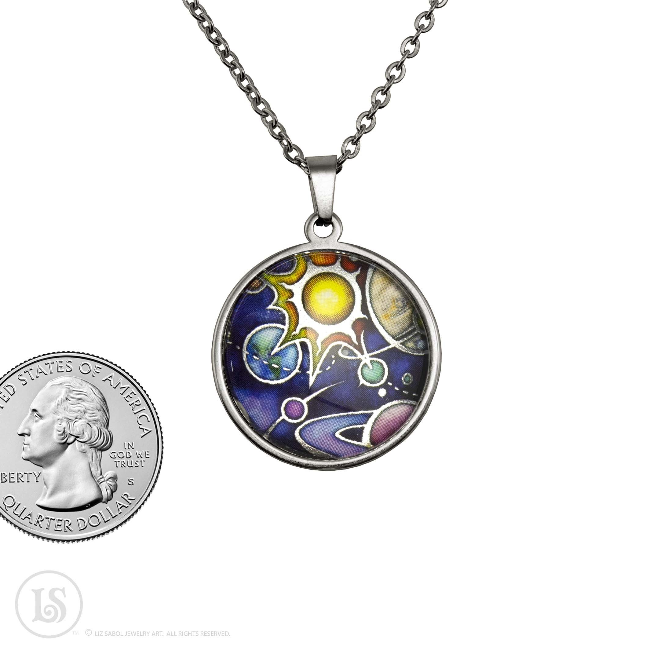Solar System Pendant, Large, Silver or Gold Tone, Glass and Stainless ...