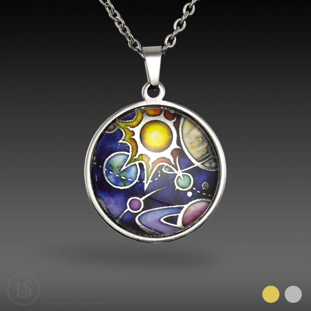 Solar System Pendant, Large, Silver or Gold Tone, Glass and Stainless ...
