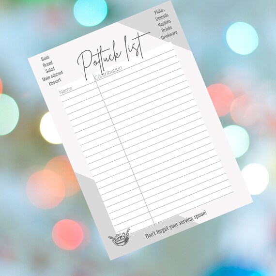 Printable Potluck Sign up List Food Suggestions | Etsy Canada