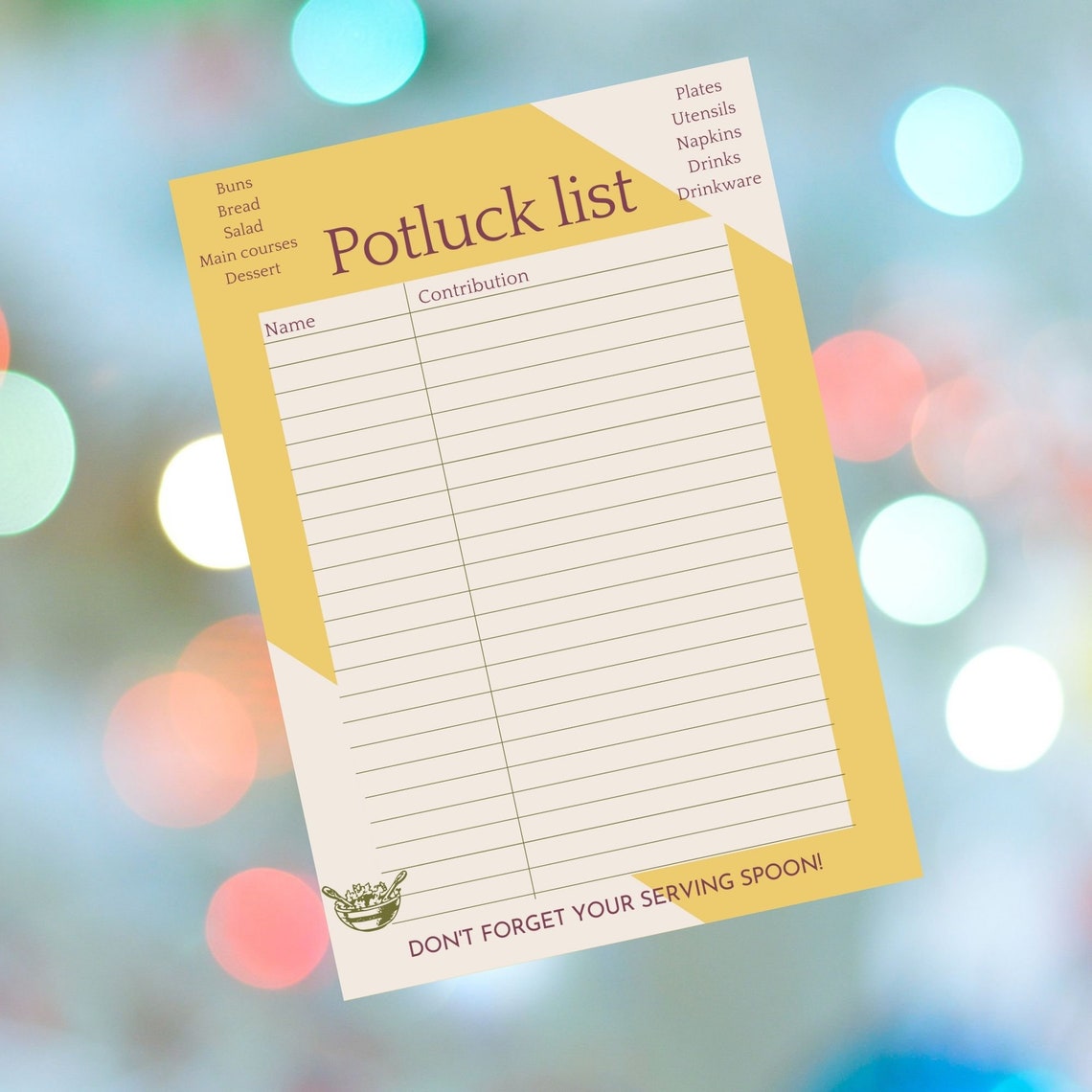 Printable Potluck Sign up List Food Suggestions - Etsy