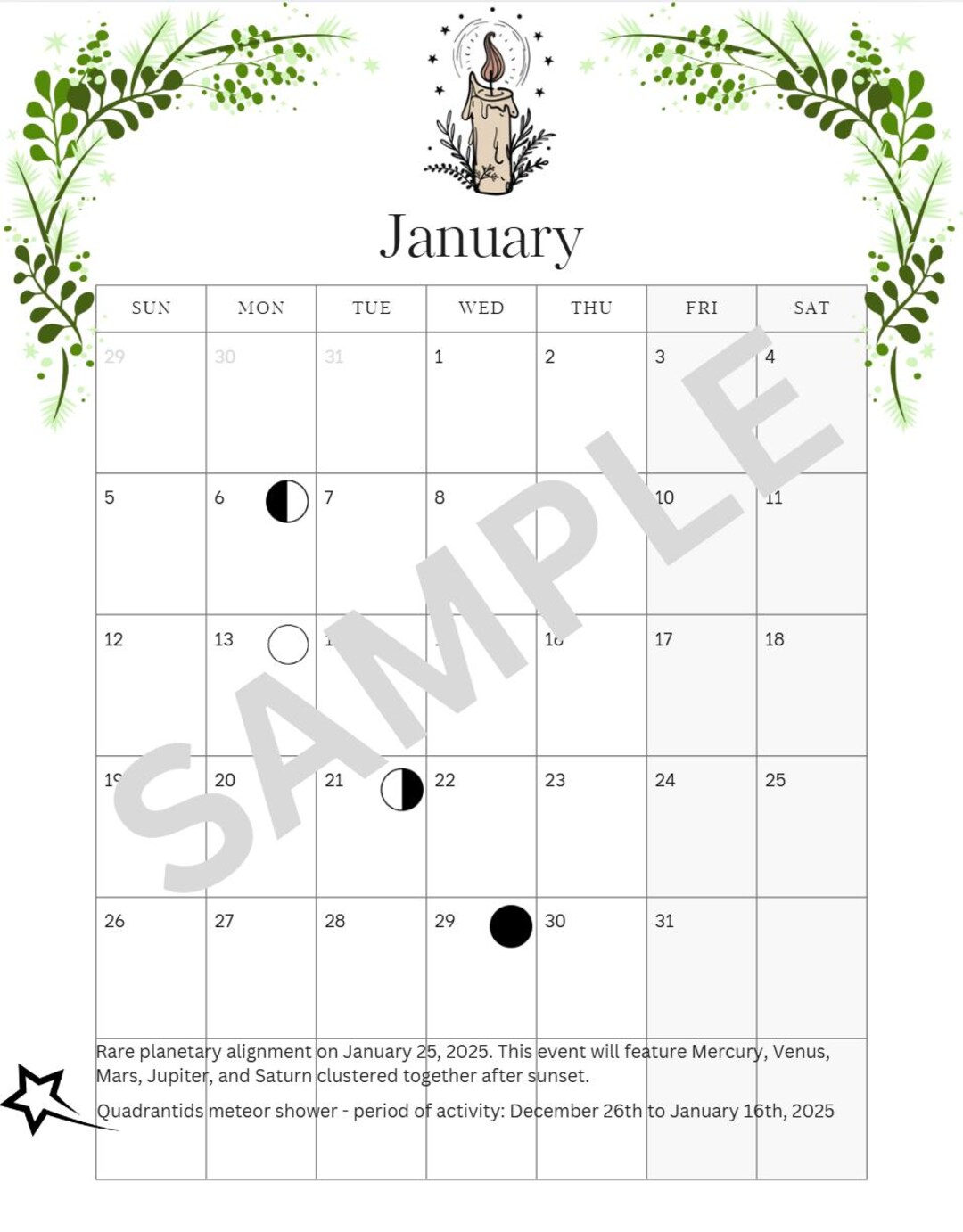 2025 Wiccan Calendar, Printable, North American, Phases of Moon, Meteor ...