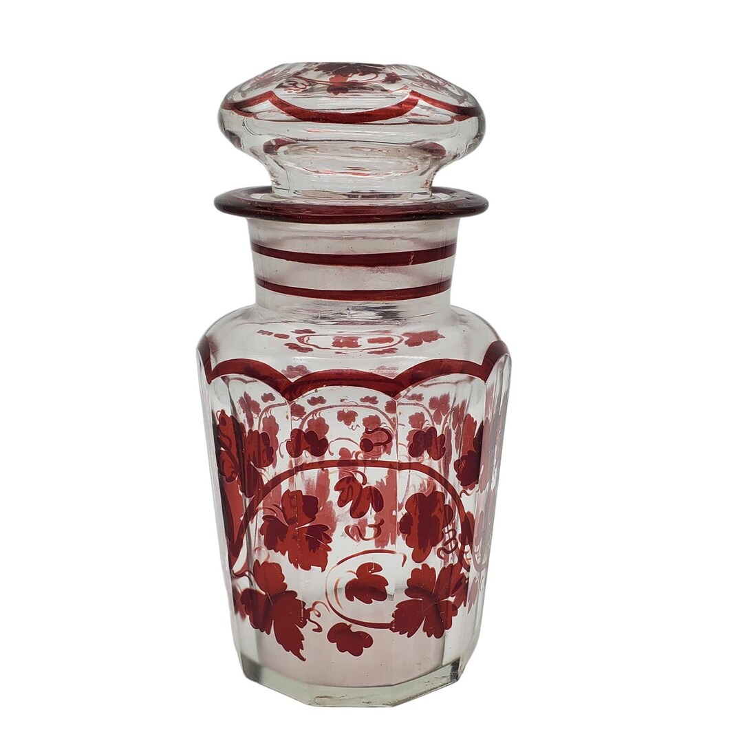 Antique Glass Panel Jar Ruby Red Flash Grape Vine Cut Clear Dome Lid ...