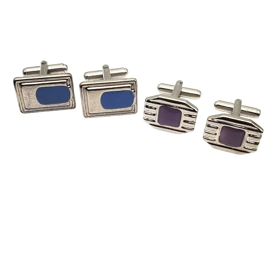 Blue & Purple Enameled Cufflinks Silver Tone Ribbed Cuff Links Vintage ...