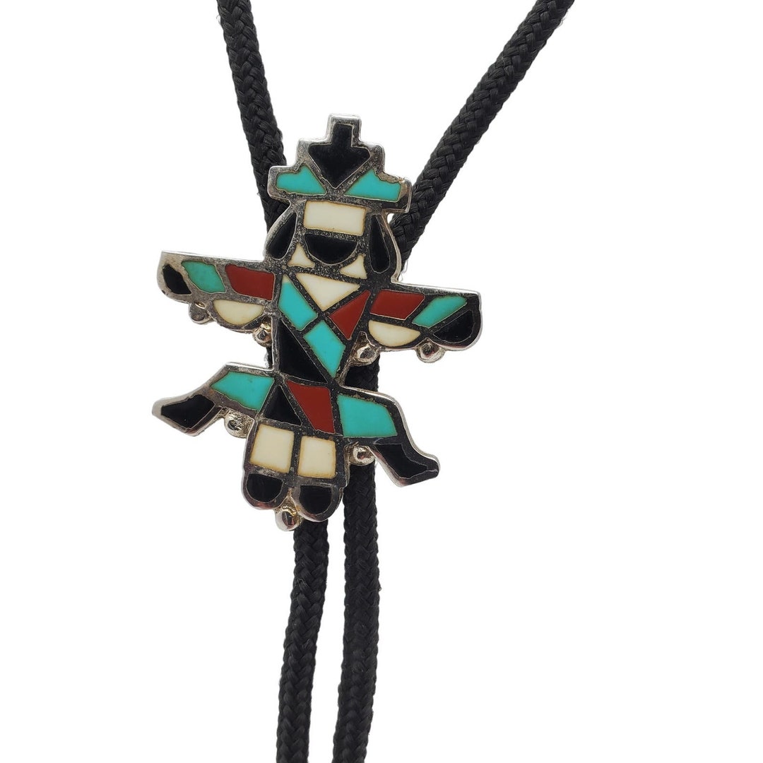 Zuni Dancer Bolo Tie Florenta of California Enameled Silver Tone Black ...