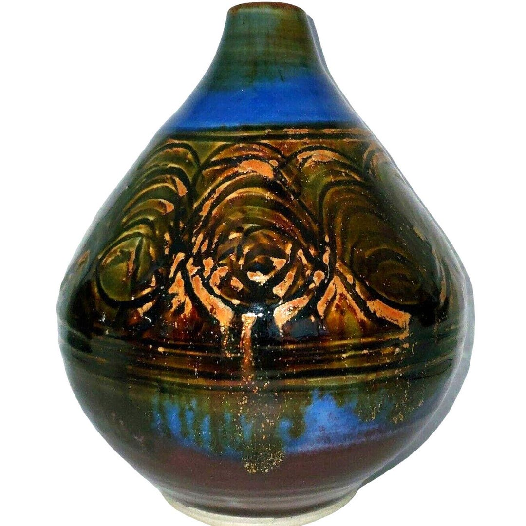 Fine Art Pottery Vase Bob Eckles Hand Made Brown Blue Olive Squat ...