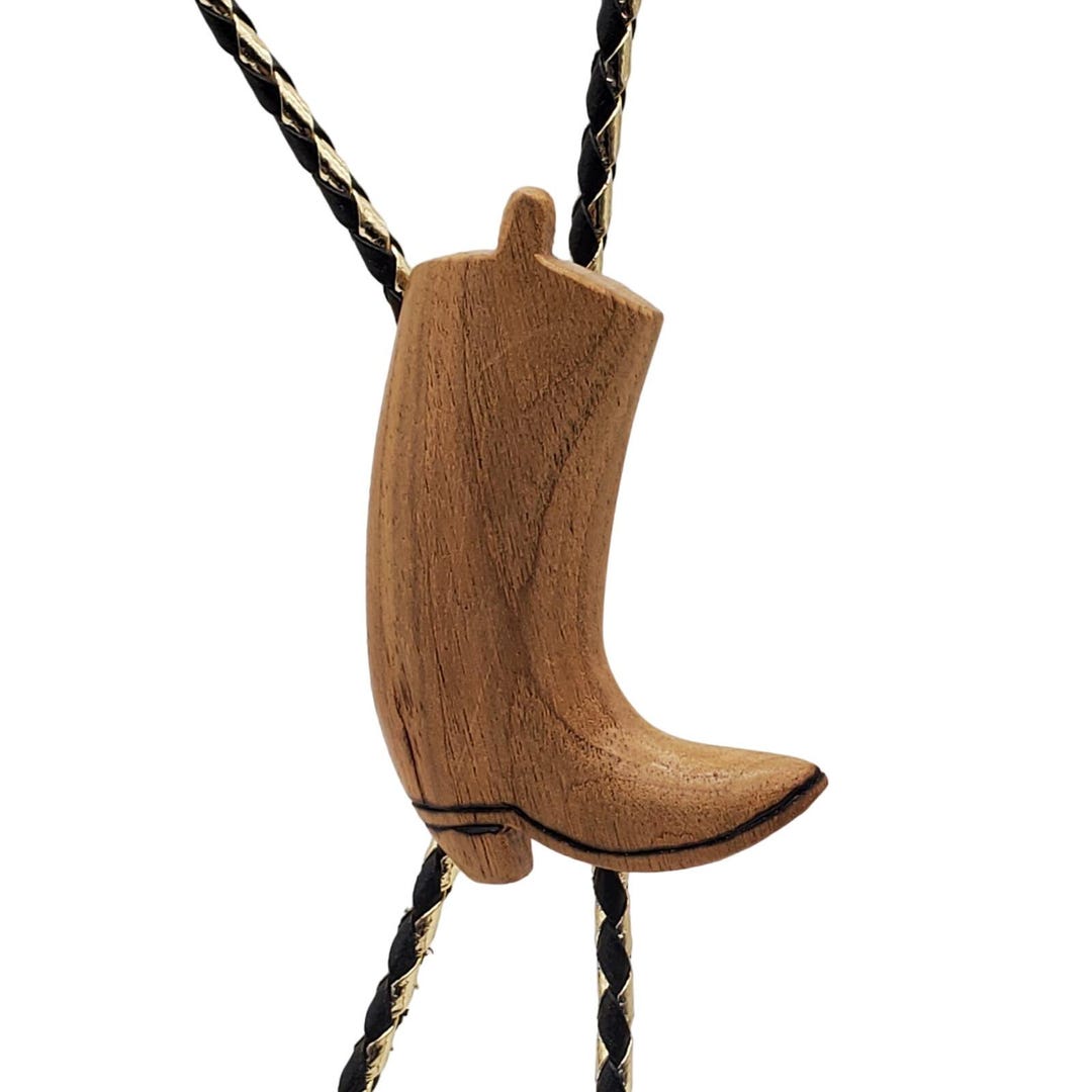 Carved Wood Cowboy Boot Bolo Tie Black Gold Braided Cord 36 L VTG ...