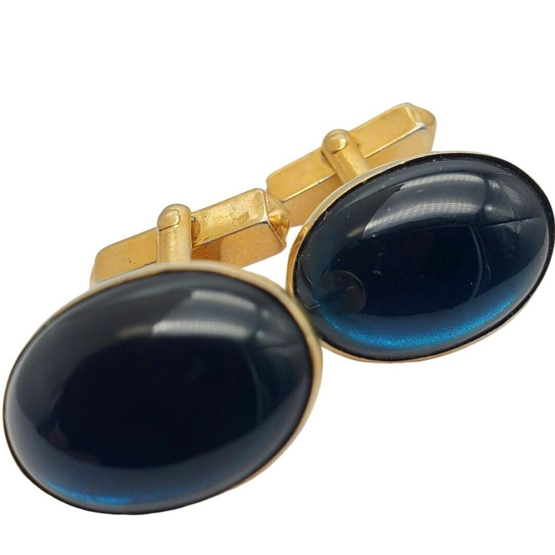 Swank Blue Oval Cufflinks Gold Tone Deco Style Vintage 1940s Glass MCM ...