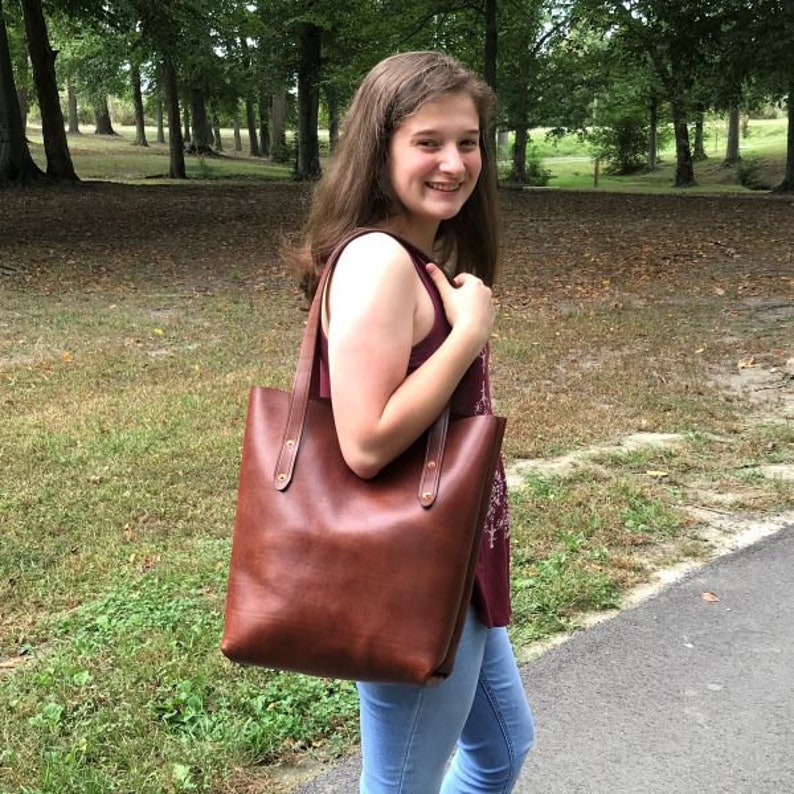 Handmade Leather Tote Bag in Medium Brown - Etsy