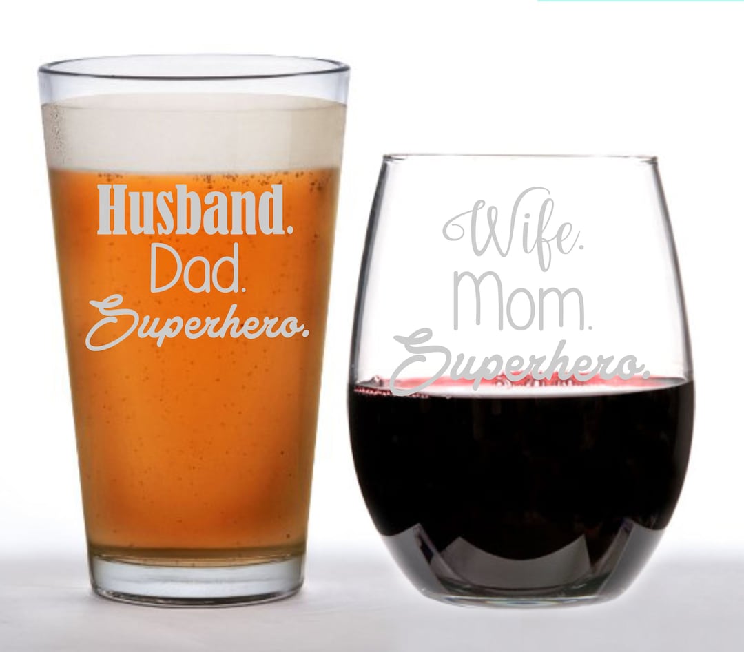 Mom and Dad Superhero Glass Set, Personalized Glasses, Engraved Wine ...