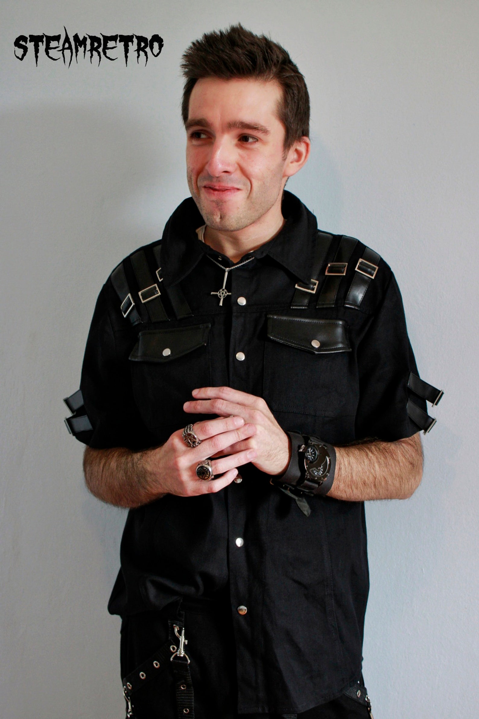 Gothic Steampunk Short Sleeve Black Shirt - Darkwave EBM Shirt - Mens ...