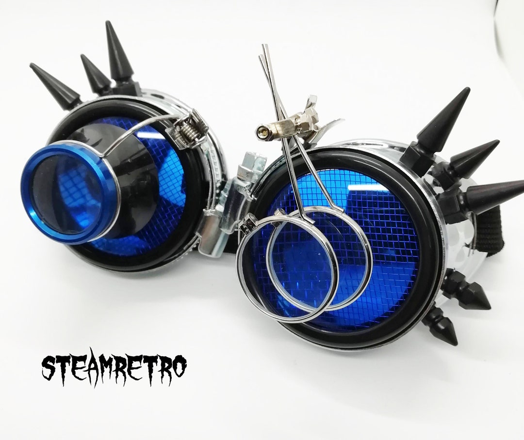 Chrome Steampunk Goggles Double Loupe Blue Lens Cyber Goggles Burning ...