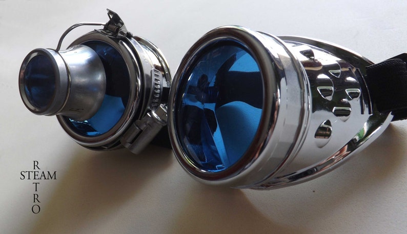 Blue Chrome Steampunk Goggles With Loupe Mad Scientist Mad | Etsy