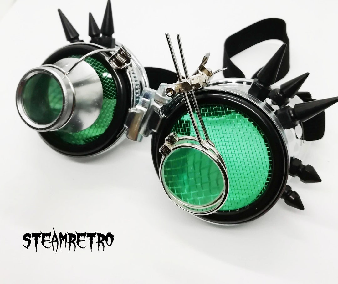 Chrome Steampunk Goggles Double Loupe Green Lens Cyber Goggles Burning ...