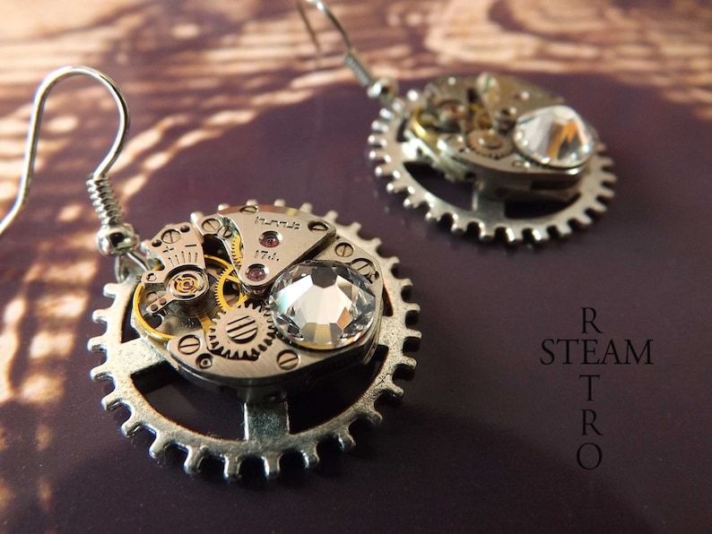 Clear Swarovski Crystal Steampunk Watch mechanism Earrings | Etsy