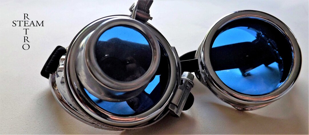 Blue Chrome Steampunk Goggles With Loupe Mad Scientist - Mad Max Cyber ...