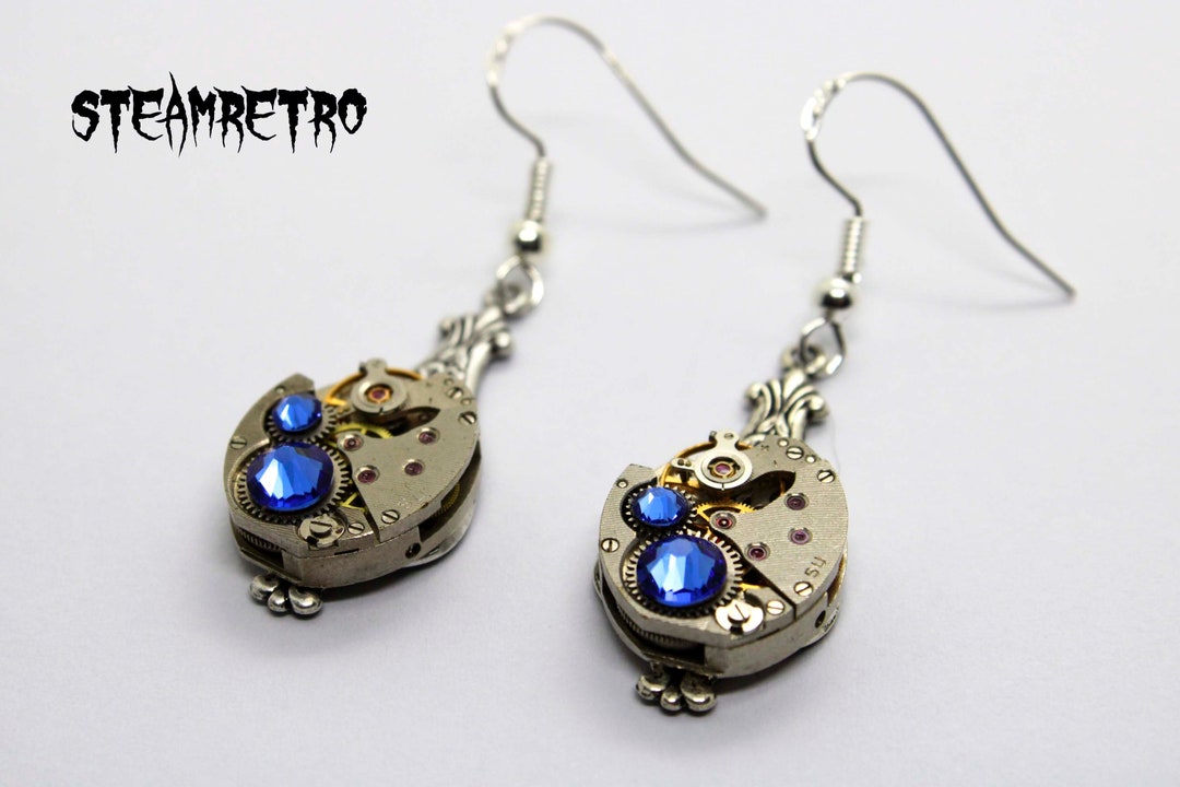 Steampunk Silver Saphire Earrings - Steampunk Jewellery by Steamretro ...