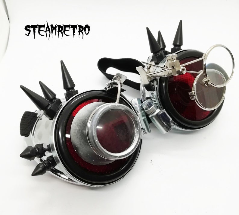 Chrome Steampunk Goggles Double Loupe Red Lens Cyber Goggles | Etsy