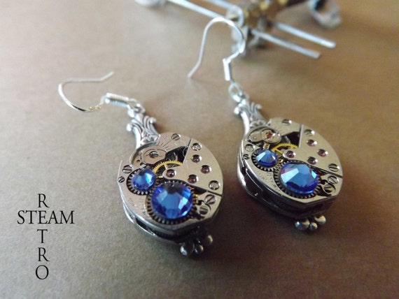 Steampunk Silver Saphire Earrings Steampunk Jewellery by | Etsy