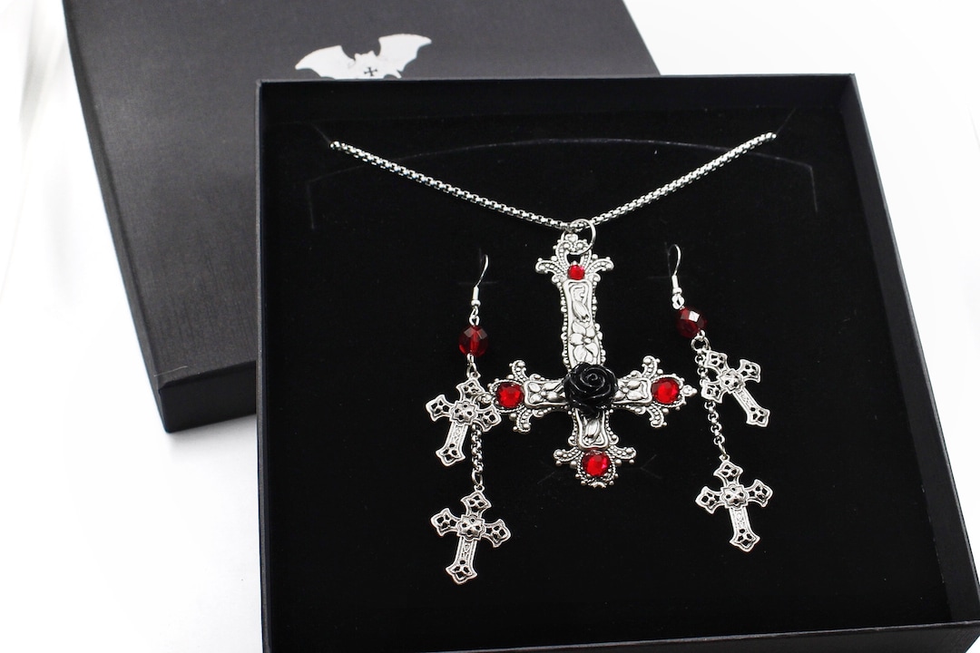 Cross Necklace - Gothic Cross - Gothic Jewellery Set - Gothic Red Cross ...