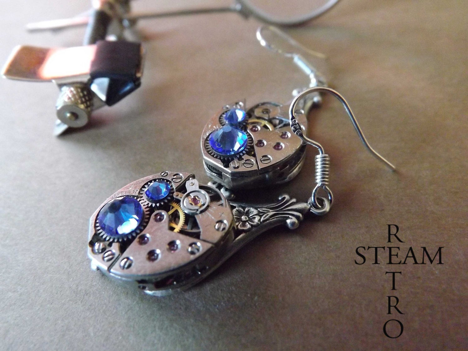 Steampunk Silver Saphire Earrings Steampunk Jewellery by | Etsy