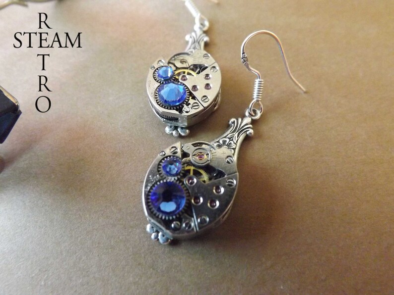 Steampunk Silver Saphire Earrings Steampunk Jewellery by | Etsy