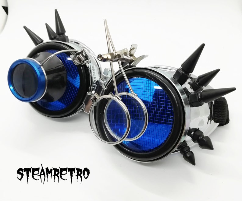 Chrome Steampunk Goggles Double Loupe Blue Lens Cyber Goggles - Etsy