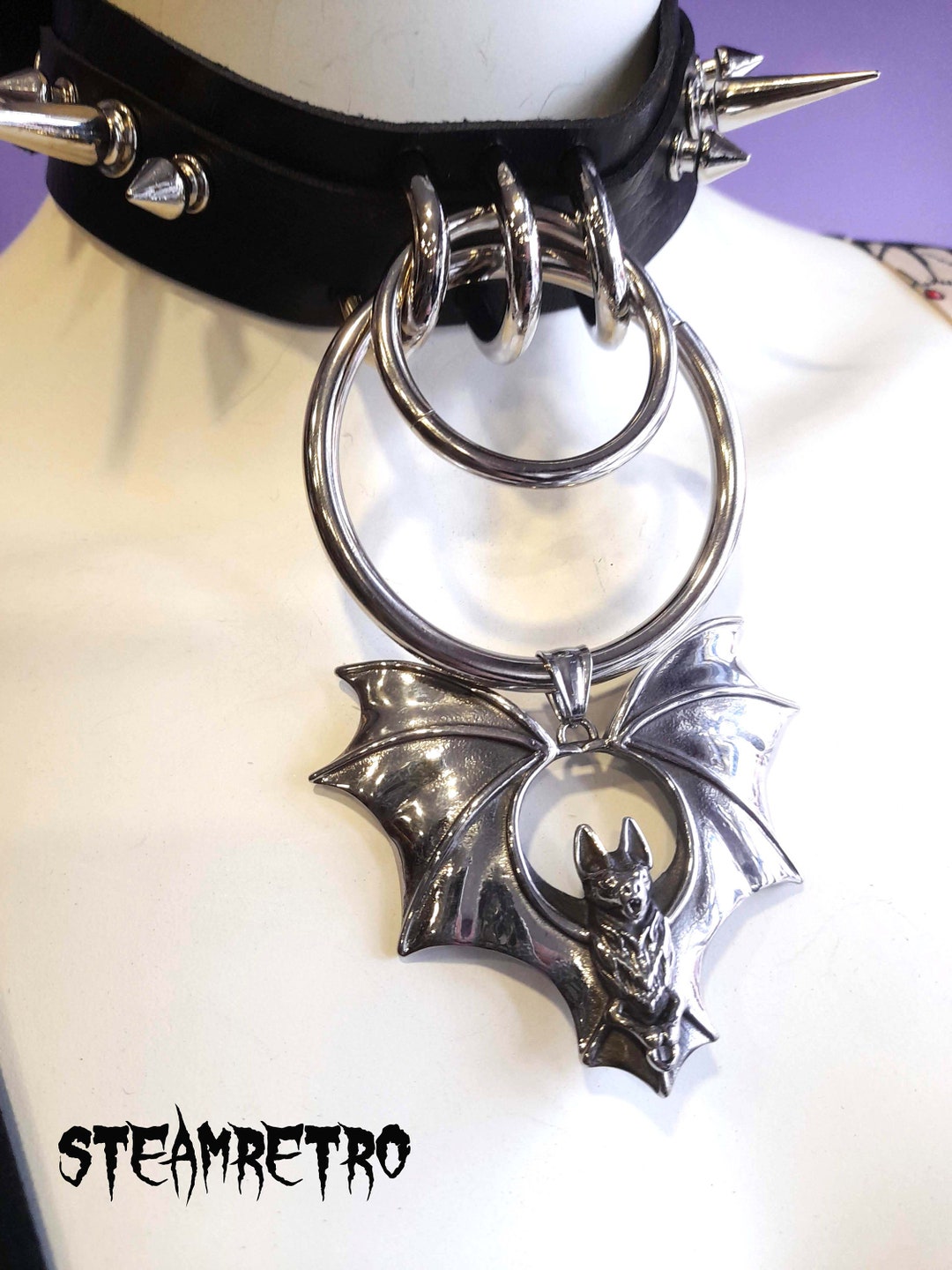 Leather Choker Hand Made Spiked Gothic Leather Choker Bat Choker Metal ...