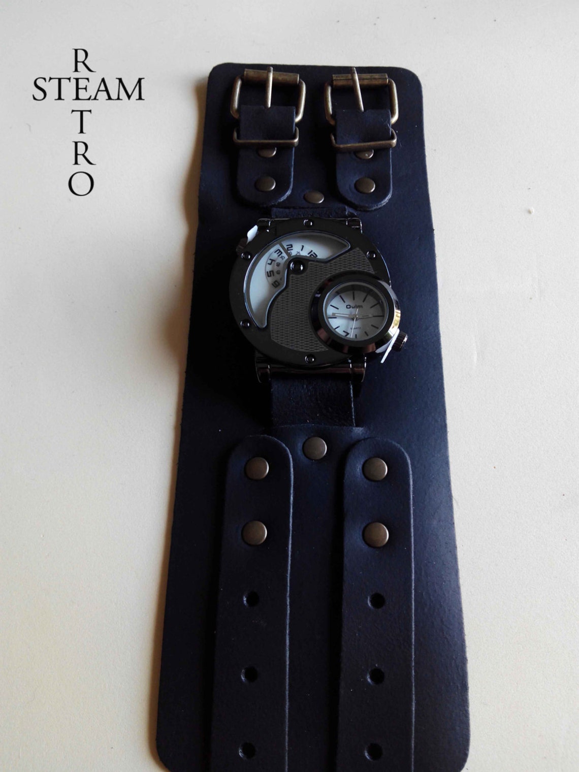 Dual Time Gothic Steampunk Watch & Handmade Black Leather | Etsy