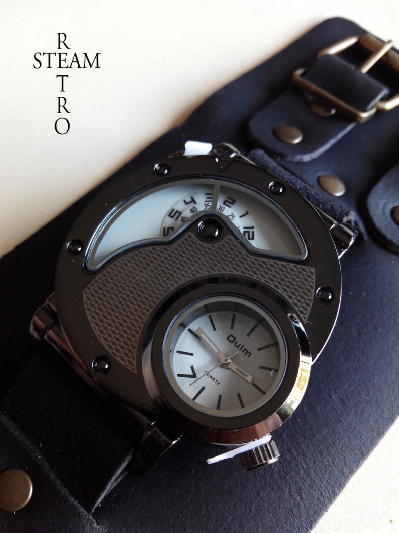 Dual Time Gothic Steampunk Watch & Handmade Black Leather | Etsy