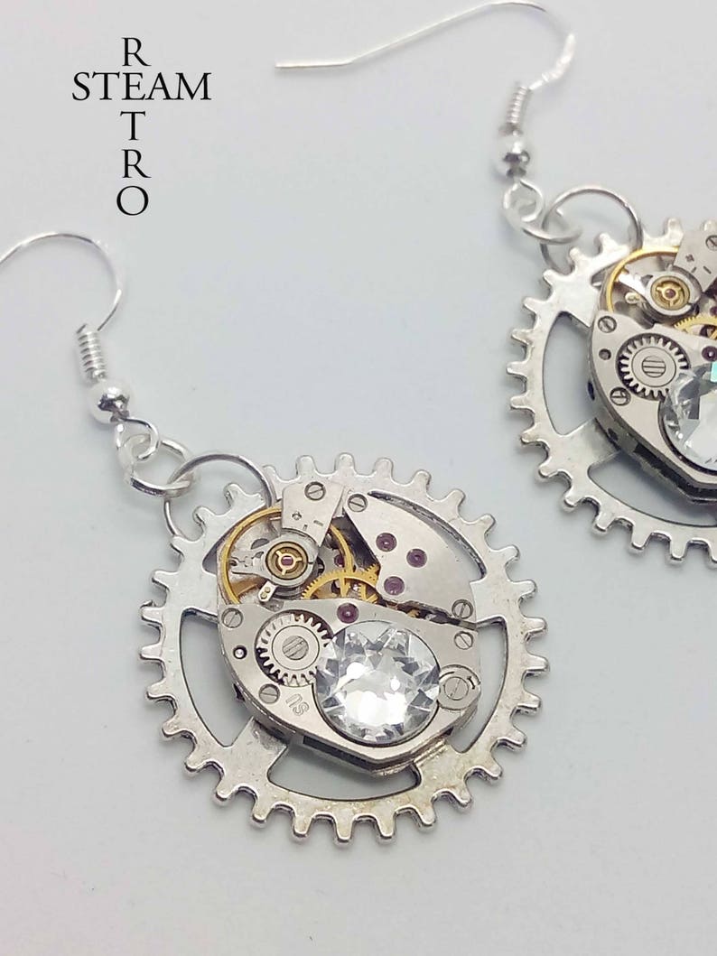 Clear Swarovski Crystal Steampunk Watch Mechanism Earrings | Etsy