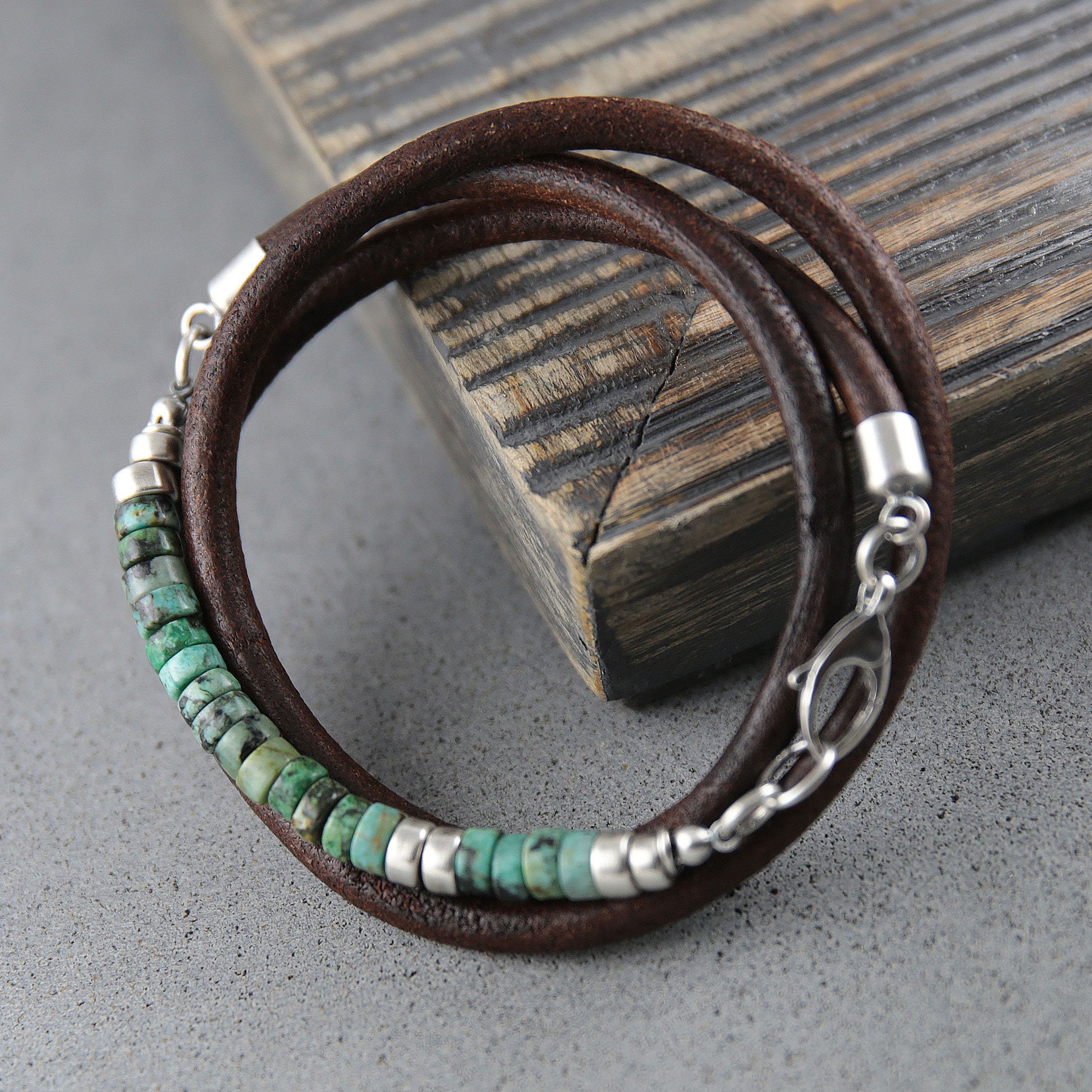 African Turquoise and Leather Bracelet for Men Gift for Men - Etsy ...