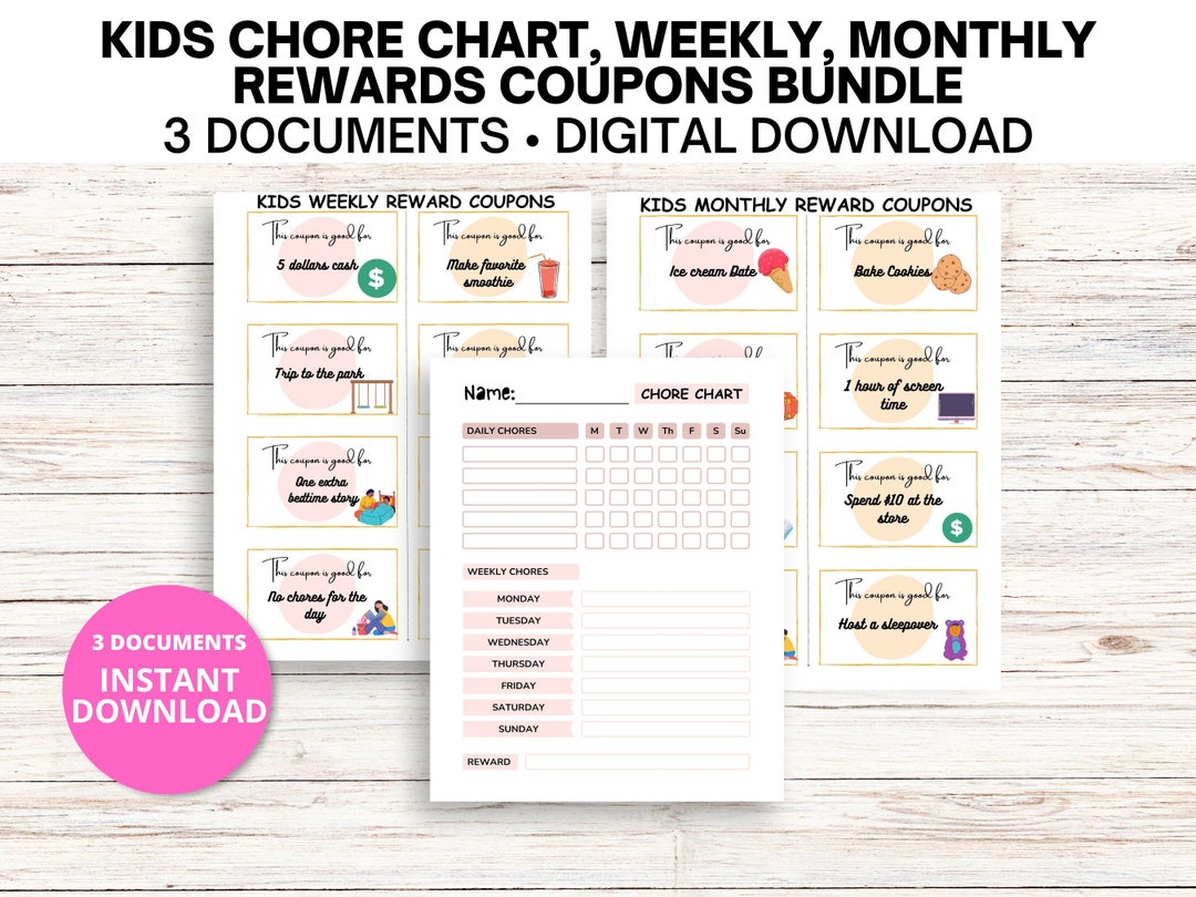 Kids Chore Chart With Weekly and Monthly Coupons Digital Download and ...