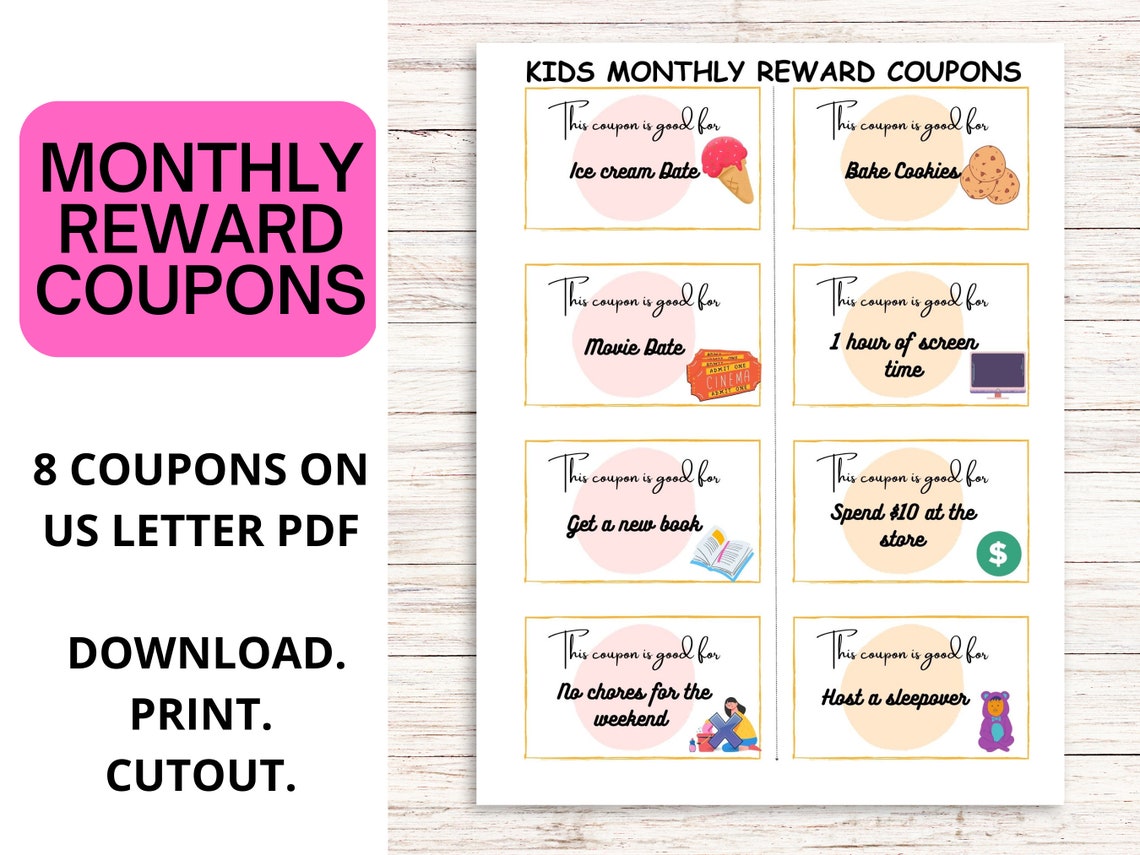 Kids Chore Chart With Weekly and Monthly Coupons Digital Download and ...