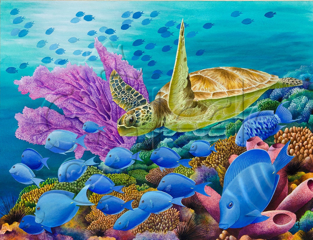 Underwater Tropical Caribbean Coral Reef Art Print With Sea Turtle ...