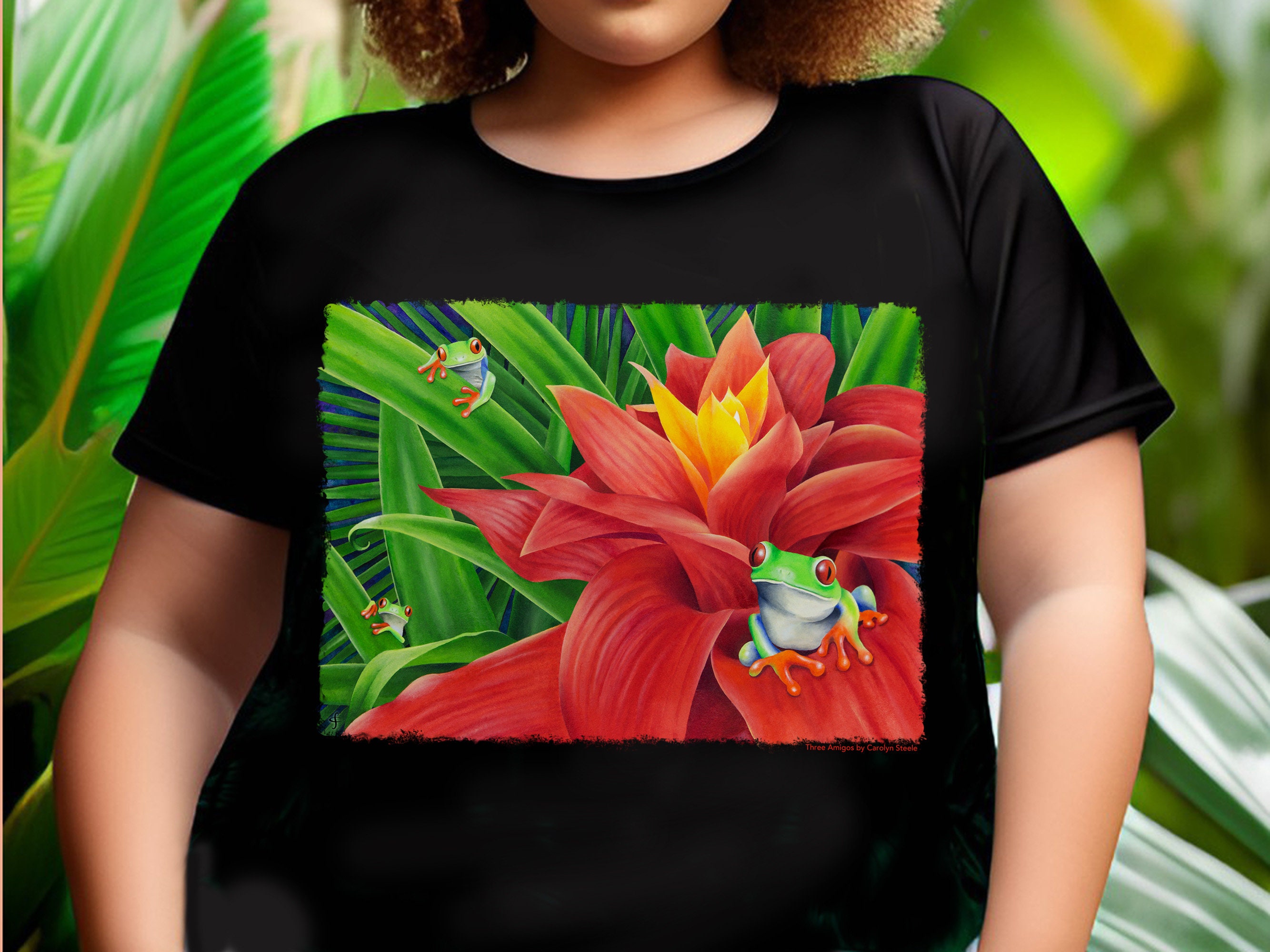 Tree Frog T-shirt, Three Amigos by Carolyn Steele, Red Flower, Tropical ...