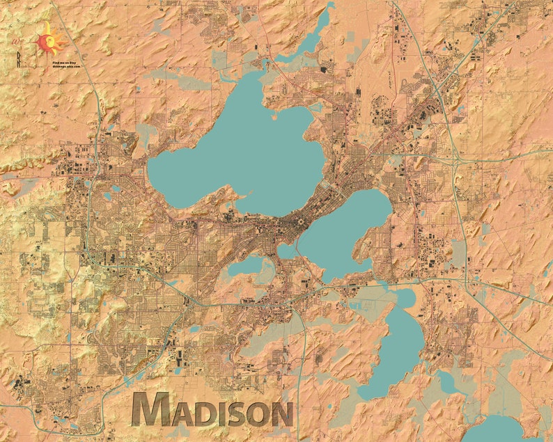 Madison, Wisconsin Shaded Relief Map - Etsy