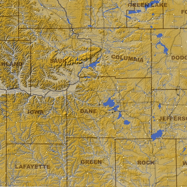 Wisconsin Golds Shaded Relief Map - Etsy